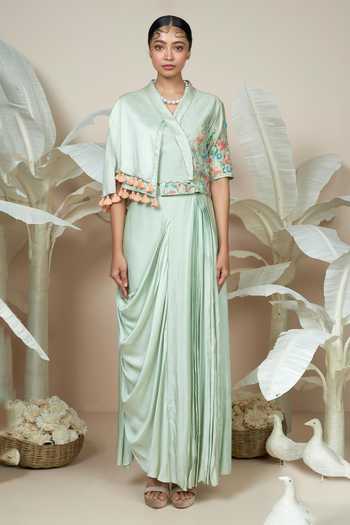 Buy Green Chanderi Tassels, Embroidery Square Neck Reva Crop Jacket And ...