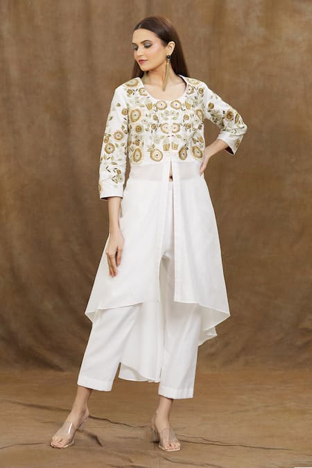 Buy Ivory Silk, Chanderi Gota Patti Round Neck Embroidered Yoke Kurta With Pant For Women by ...