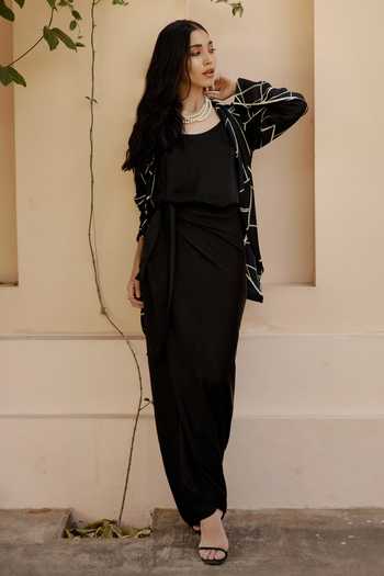 Buy Black Bamberg Cotton Satin Printed Ngeo Eka Bege And Draped Dress ...