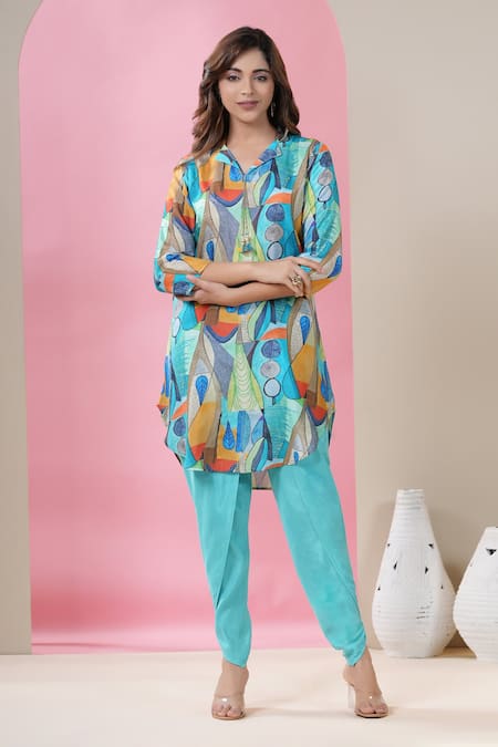 Buy Blue Muslin Printed Abstract Collared Neck Short Kurta And Tulip
