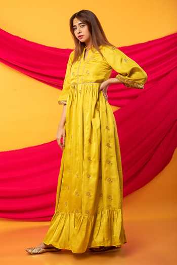 Buy Yellow Silk Cut Work Split V-neck Zunera Floral Butti Embellished ...