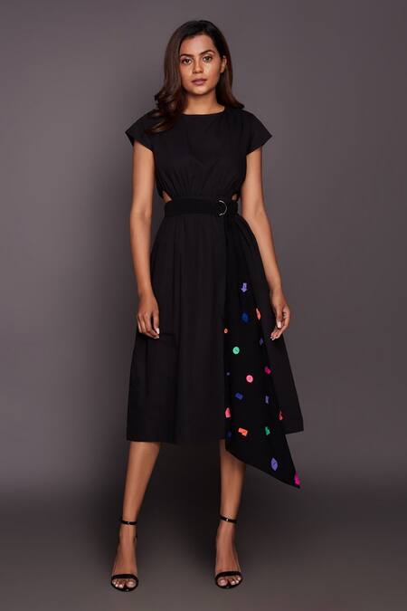Buy Black 100% Cotton Plain Round Dress With Confetti Pattern Belt For ...