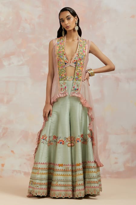 Buy Blue Blouse And Sharara Silk & Cape Organza Sequin, Asymmetric Hem ...