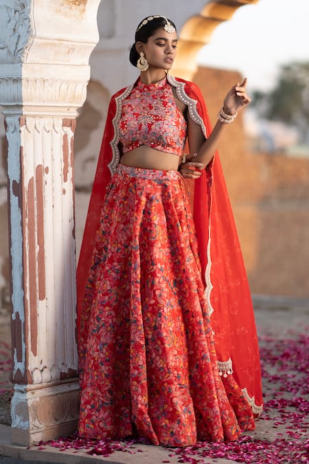 Buy Red Chanderi Printed Feather Halter Neck Lehenga Set For Women by ...