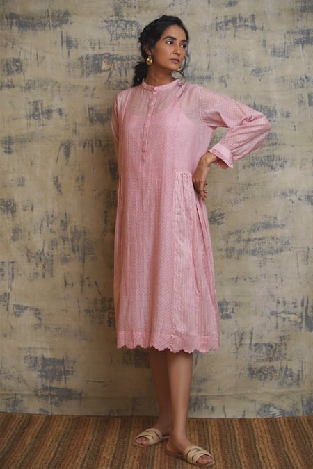 Buy Dhaari Pink Block Print Cotton Silk Dress Online | Aza Fashions