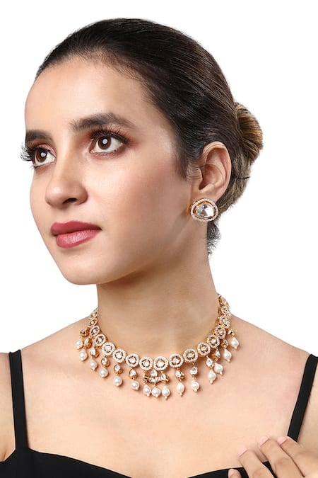 Buy Cream Embellished Shell Pearl Necklace Set by Hrisha Jewels Online ...