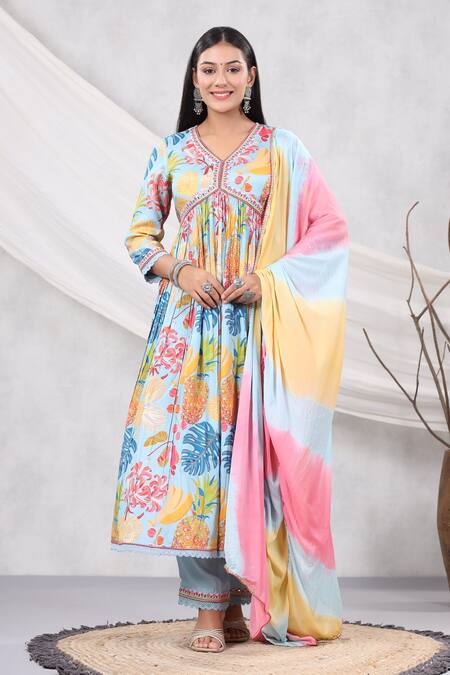Buy Blue Anarkali Muslin Printed Leaf V Neck Tropical Floral Pant Set
