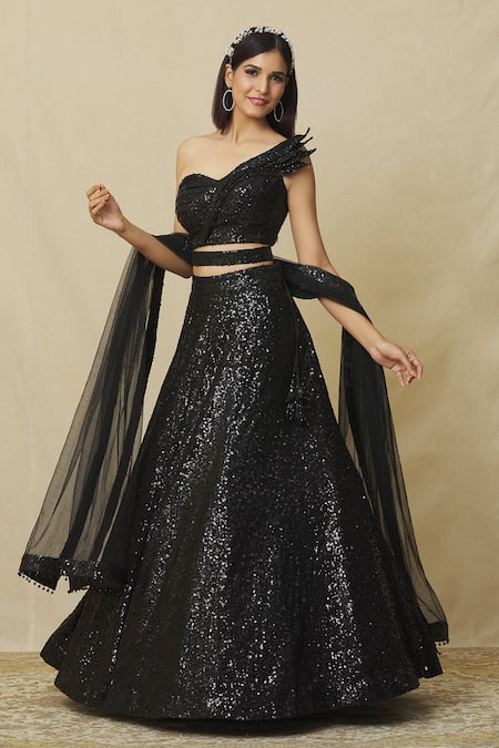 Buy Black Georgette Embroidered One Shoulder Embellished Lehenga Set ...