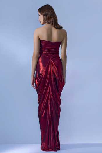 Buy Red Polyester Bandeau Neck Draped Tube Gown With Pleat Detail For ...
