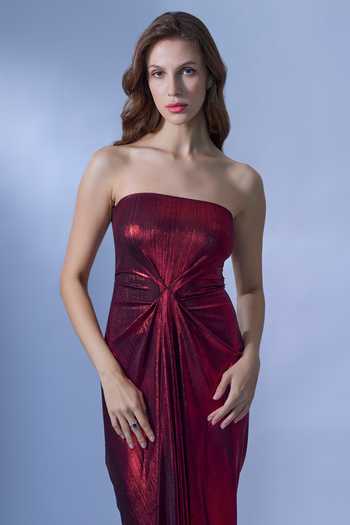 Buy Red Polyester Bandeau Neck Draped Tube Gown With Pleat Detail For ...