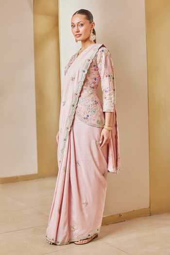 Buy Purple Silk, Muslin Sequins V-neck Soft Berry Embroidered Koti ...