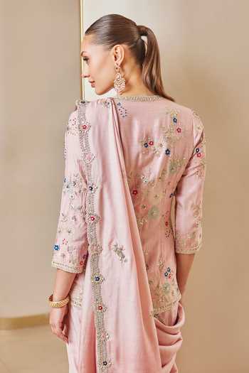 Buy Purple Silk, Muslin Sequins V-neck Soft Berry Embroidered Koti ...