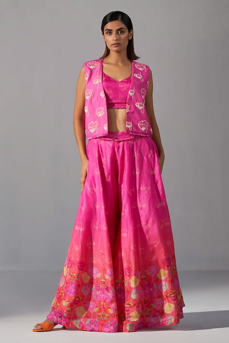 Buy Pink Silk Embroidery Thread Jacket Open Palazzo Set For Women by ... Buy Pink Silk Embroidery Thread Jacket Open Palazzo Set For Women by ...