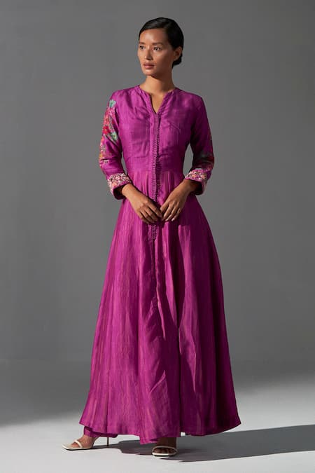Buy Purple Silk Printed Floral Notched Sleeve Anarkali And Pant Set For ... Buy Purple Silk Printed Floral Notched Sleeve Anarkali And Pant Set For ...