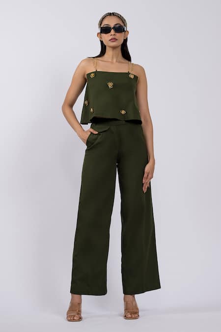 Buy Green Cotton Chains, Metallic Thread Square Neck Embellished Top ...