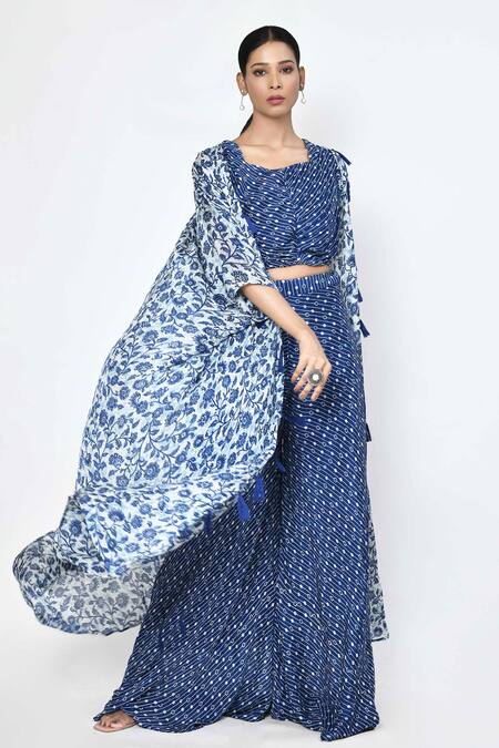 Buy Blue Chinon Geometric Bustier Sweetheart Neck Pattern Sharara Set ...