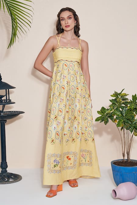 Buy Yellow Pure Hemp Embroidered Floral Square Elvira String Maxi Dress ...