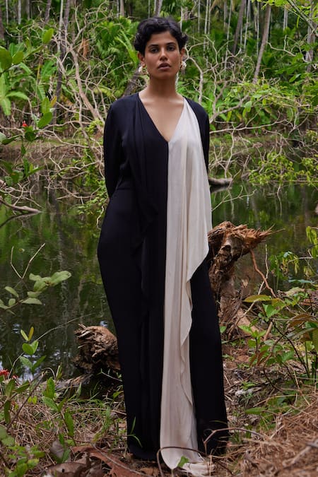 Buy Ivory Crepe Plain V Neck Olivia Colorblock Draped Dress For Women ...