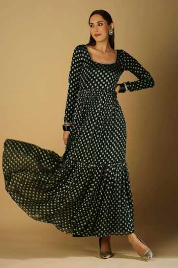 Buy Green Brocade, Georgette Embroidery Square Neck Floral Pattern ...