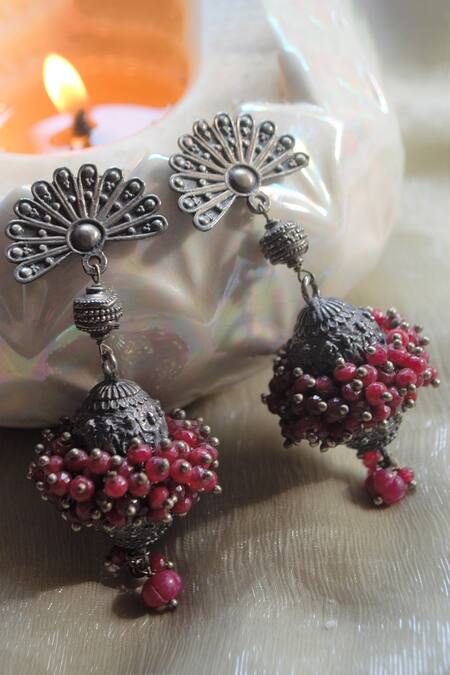 Buy Silver Plated Beads Pakhawaj Dholki Earrings by Heer House Of Jewellery Online at Aza Fashions