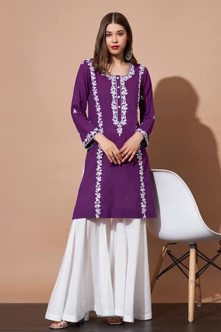Buy Purple Pure Cotton Hand Embroidered Pearl Round Aari Work Kurta And ...