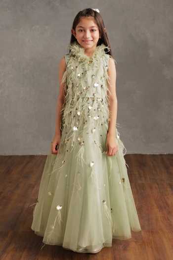 Buy Green Tulle Embroidered Bead Beatrice Embellished Top And Skirt Set ...