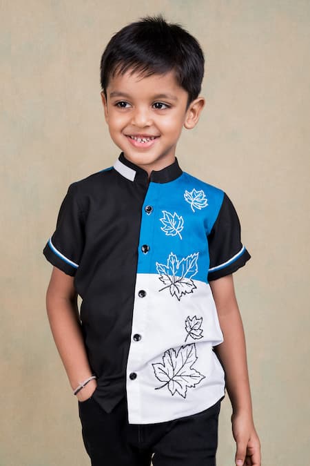 Buy Black 100% Cotton Embroidered Thread Maple Elegance Color Blocked ...