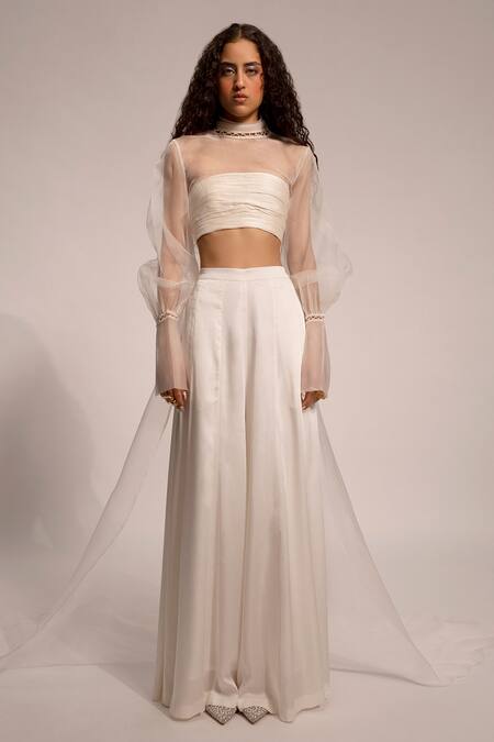 Buy Ivory Modal Satin Plain High Neck Whispers Ruched Trail Top For ...