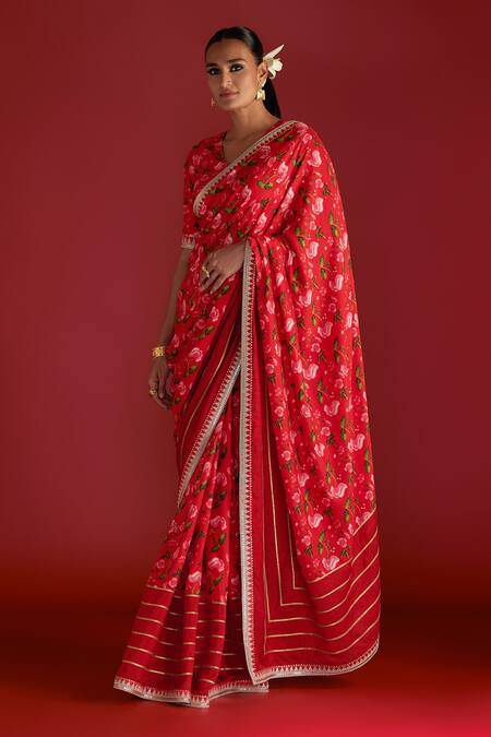 Buy Red Raw Silk Digital Printed Rain Lily Saree With Blouse Piece For ...