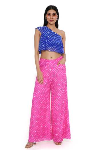 Buy Blue Chiffon Georgette Leheriya Asymmetric Pattern One Shoulder Top ...