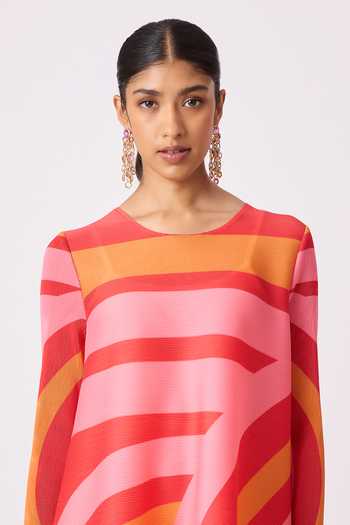 Buy Red Polyester Round Neck Krystina Pleated Swirl Print Dress For ...
