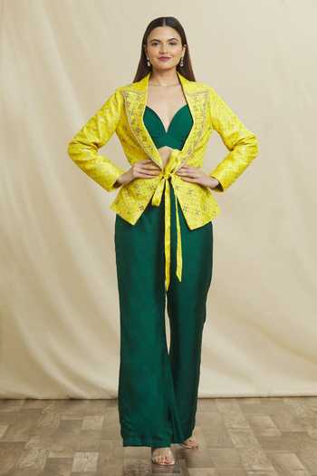 Buy Yellow Silk Sequins, Pearls Collared, Embroidered Blazer Jacket ...