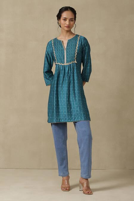 Buy Aarke Ritu Kumar Blue Nylon Geometric Embroidered Kurta Online ...