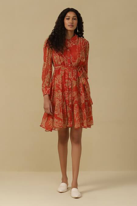 Buy Red Blended Fabric Printed Floral Abstract Round Tiered Dress For ...