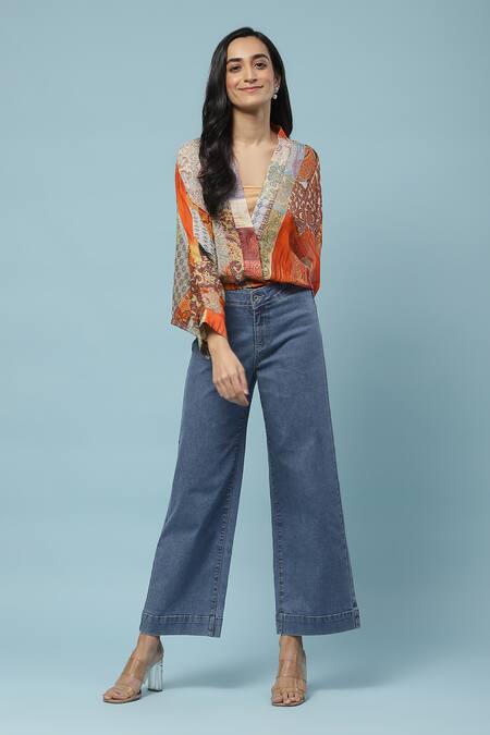 Buy Brown Blended Fabric Printed Moroccan Top V Batwing Sleeve For ...