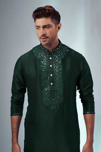 Buy Green Pure Silk Mirror Abla Embroidered Kurta And Pant Set For Men ...