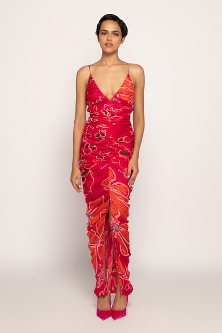 Buy Pink Chiffon And Cotton Silk Print Bandhani Deep V Neck Pleated Dress For Women By Saaksha