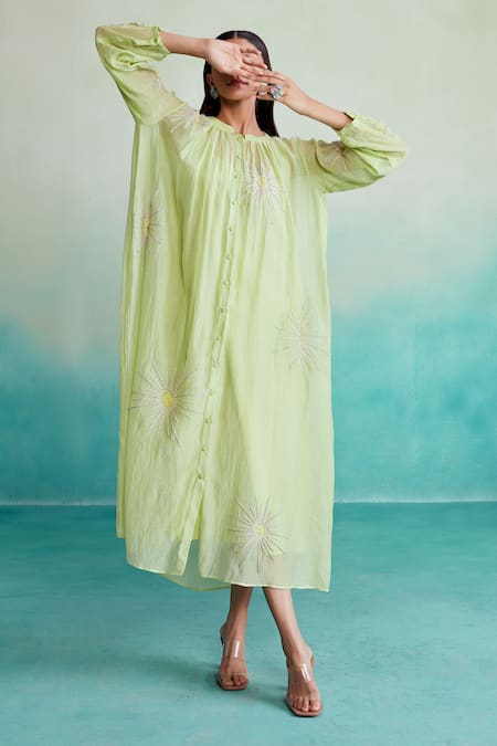 Buy Green 40g Chanderi Hand Embroidered Sun Mandarin Zesty Dress For ... Buy Green 40g Chanderi Hand Embroidered Sun Mandarin Zesty Dress For ...