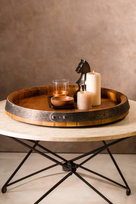 S.G. Home Brown Wood And Metal Revolving Tray