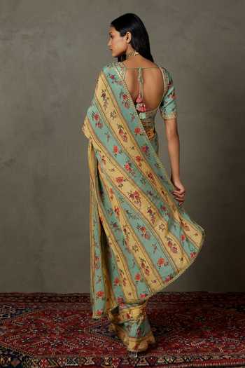Buy Blue Viscose, Chiffon Floral Print Colorblock Saree With Unstitched ...