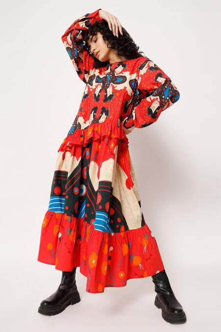 Buy Pink 100% Cotton Poplin Printed Samurai Warrior Tiered Dress For ...