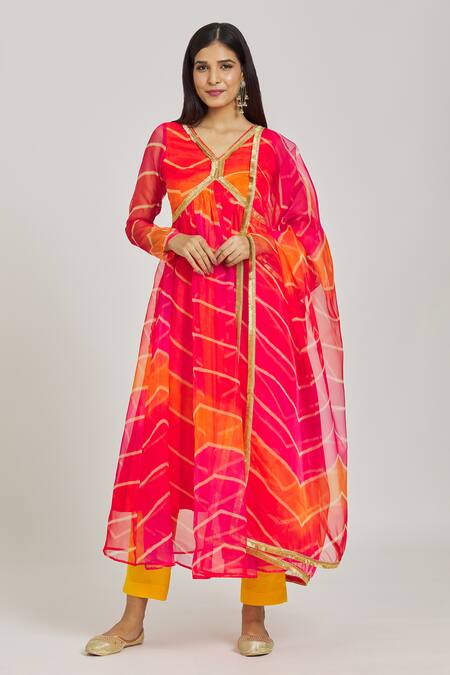 Buy Multi Color Organza Woven Leheriya V Neck Pattern Anarkali With ...