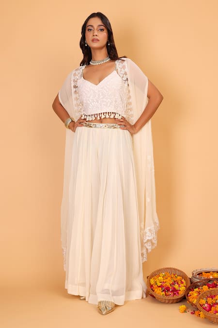 Buy White Cotton Embroidered Floral V Neck Scallop Border Cape And ...