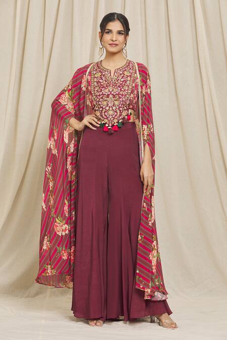 Buy Wine Crepe Printed Floral Notched Flared Sleeve Cape Palazzo Set ...