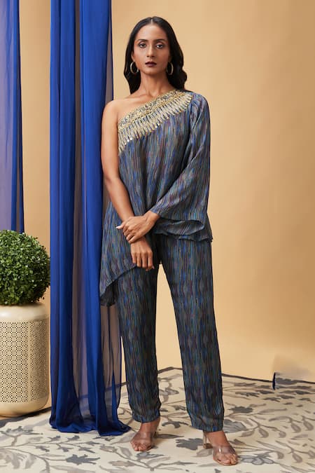 Buy Blue Silk Tassels, Embroidery Asymmetric Elara One Shoulder Top And Pant Set For Women by ...