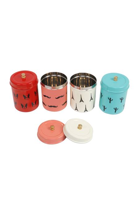 Living With Elan Multi Color Steel Printed Stainless Canister - 4 Pcs