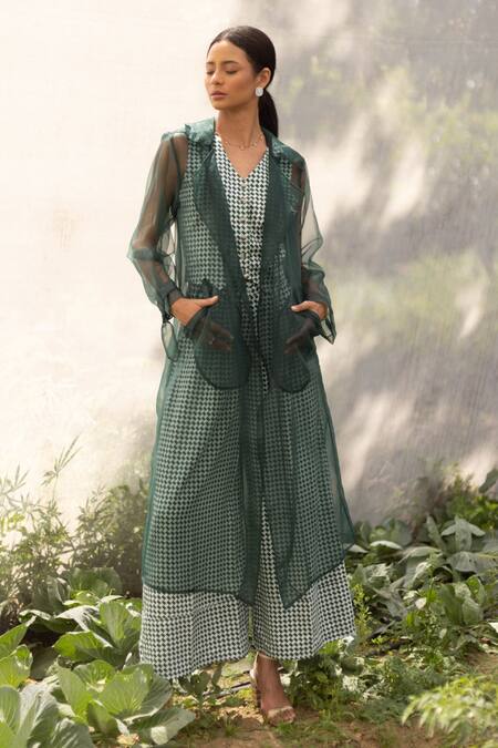 Buy Green Organza Plain Lapel Collar Capo Sheer Jacket For Women by ...