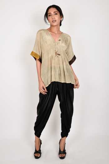 Buy Yellow Crepe V-neck Box Pleated Top For Women by Anmol Kakad Online ...