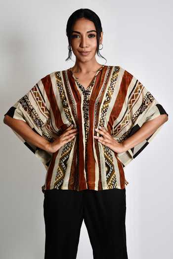 Buy Maroon Crepe V-neck Stripe Pattern Pleated Top For Women by Anmol ...