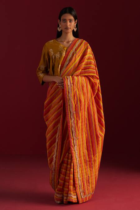 Buy Red Tissue Stripes Hand Embroidered Lace Trims Zoya Saree For Women ...